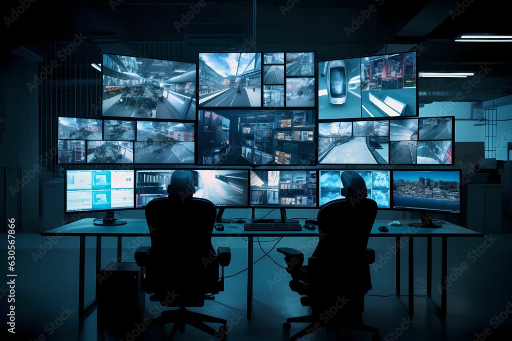 Security Control Room with multipoke Computer Screens Concept. Man ...