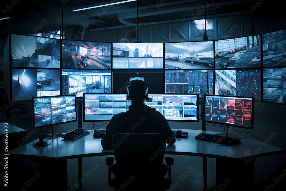 Security Control Room with multipoke Computer Screens Concept. Man ...