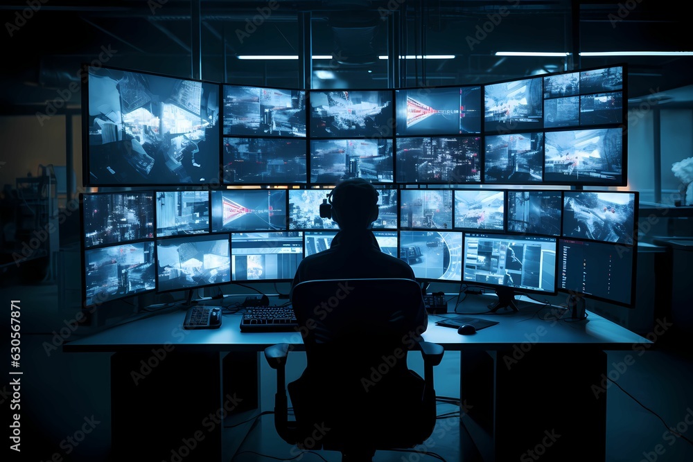Security Control Room with multipoke Computer Screens Concept. Man ...