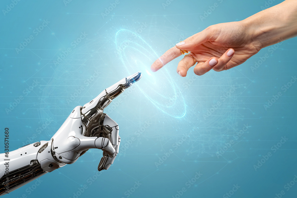 Female hand toughing with a robot hand, human and artificial ...