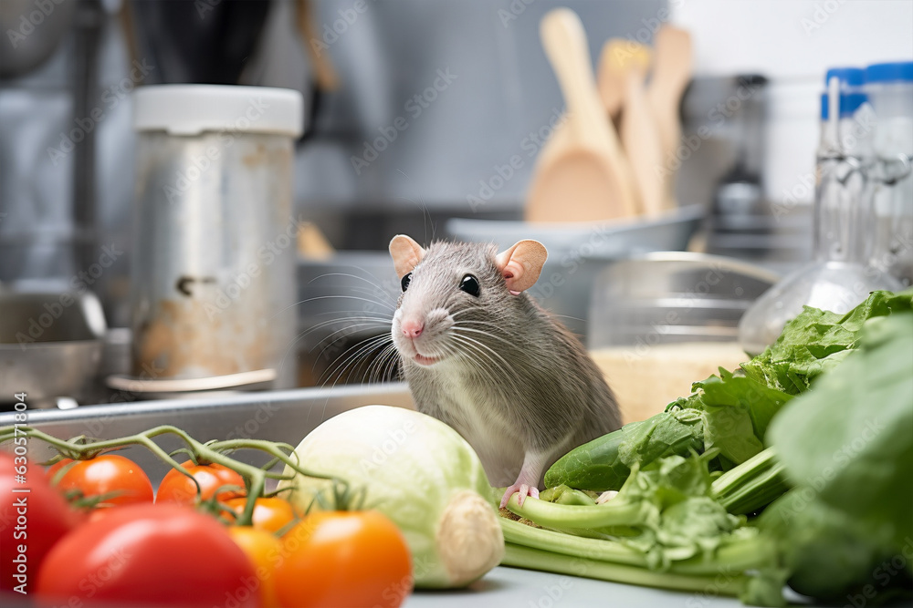 Rat sitting between food in industrial restaurant kitchen Stock Photo ...