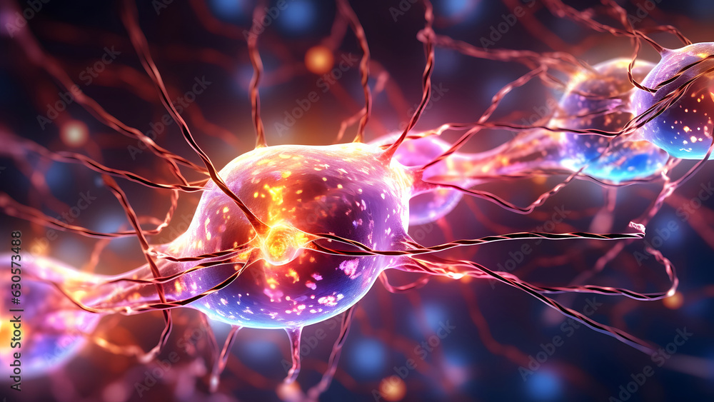 glowing brain neural cells connected in biological neural network, neural network generated ...
