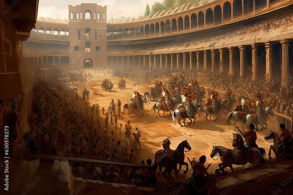 watching a chariot race and gladiator fight in the_Colosseum Stock ...