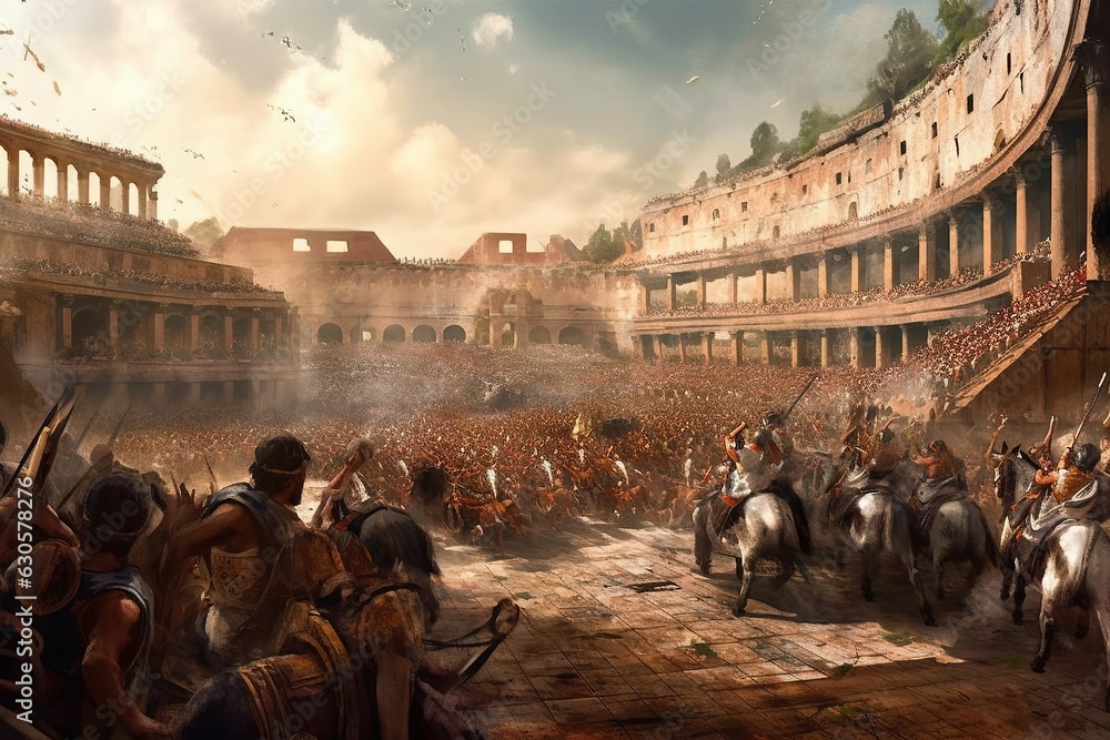 watching a chariot race and gladiator fight in the_Colosseum Stock ...