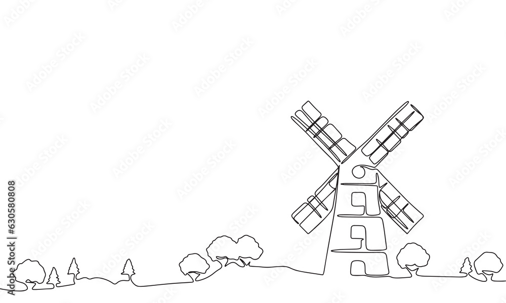 Silhouette of retro mill. One line continuous concept banner with ...