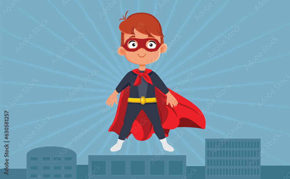 Superhero Little Boy Flying above Cityscape Vector Cartoon Illustration ...