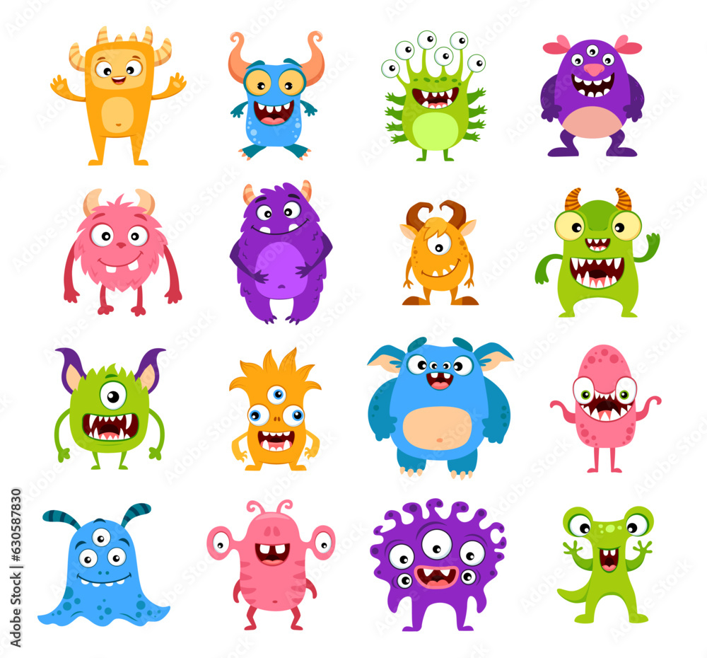 Cartoon funny monster characters. Cute comic creatures isolated vector ...