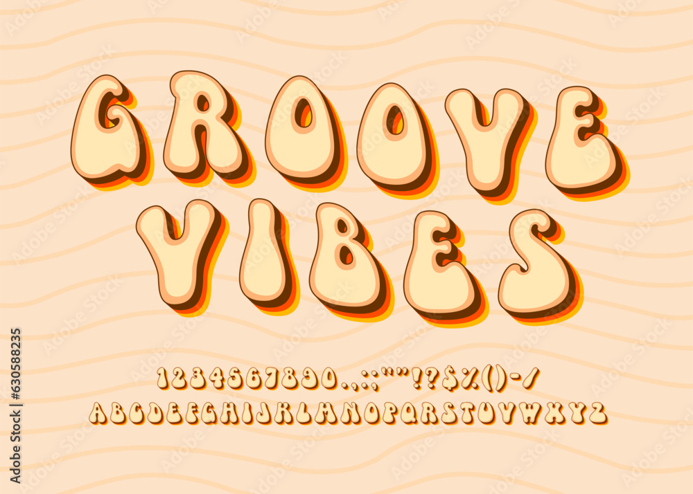 Groovy font or groove type, retro hippie typeface and psychedelic funky ...