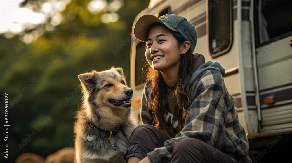 teenage asian woman with smilling .she's travelling with sheepdog, Van ...
