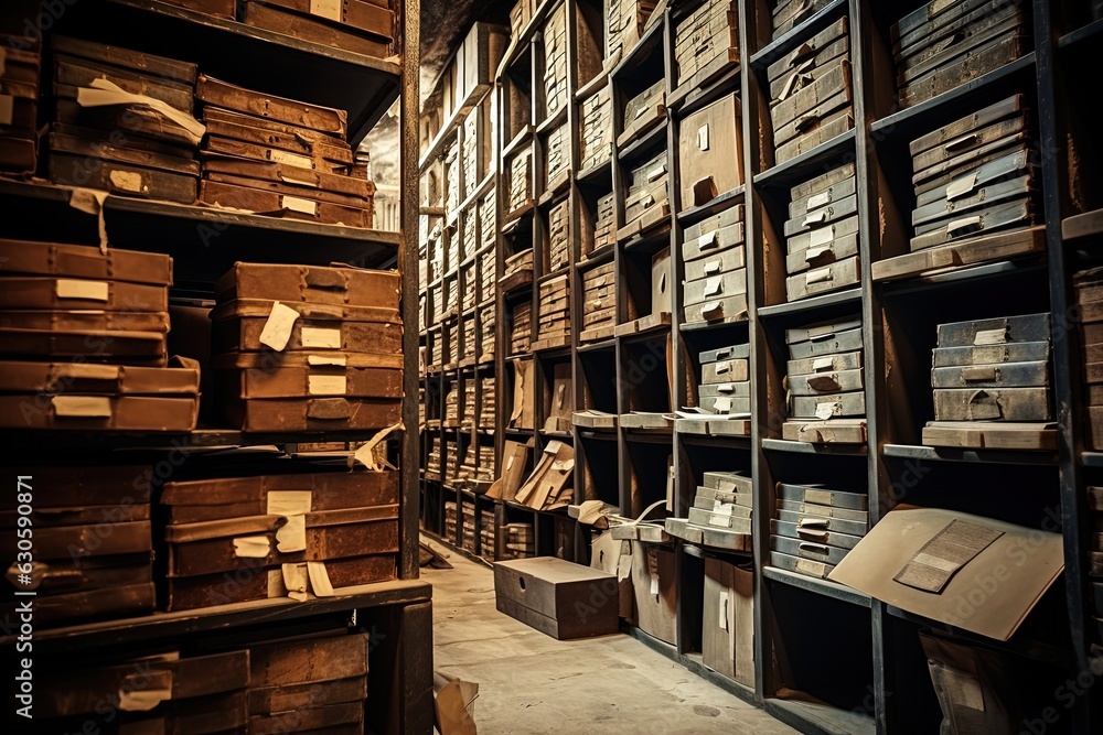 Large warehouse of archival documents. Shelves full of files in an old ...