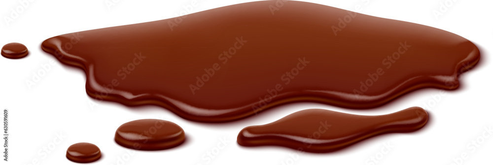 Chocolate puddle, brown choco spill, isolated liquid blot and drip ...
