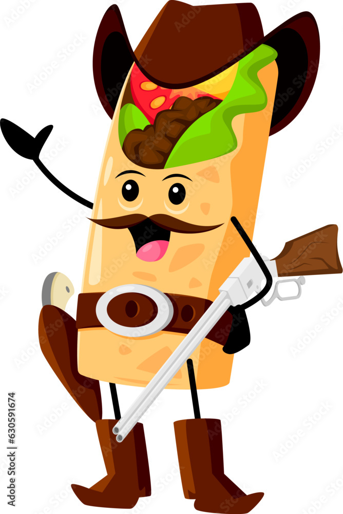 Cartoon burrito cowboy and sheriff, bandit and robber, ranger tex mex ...