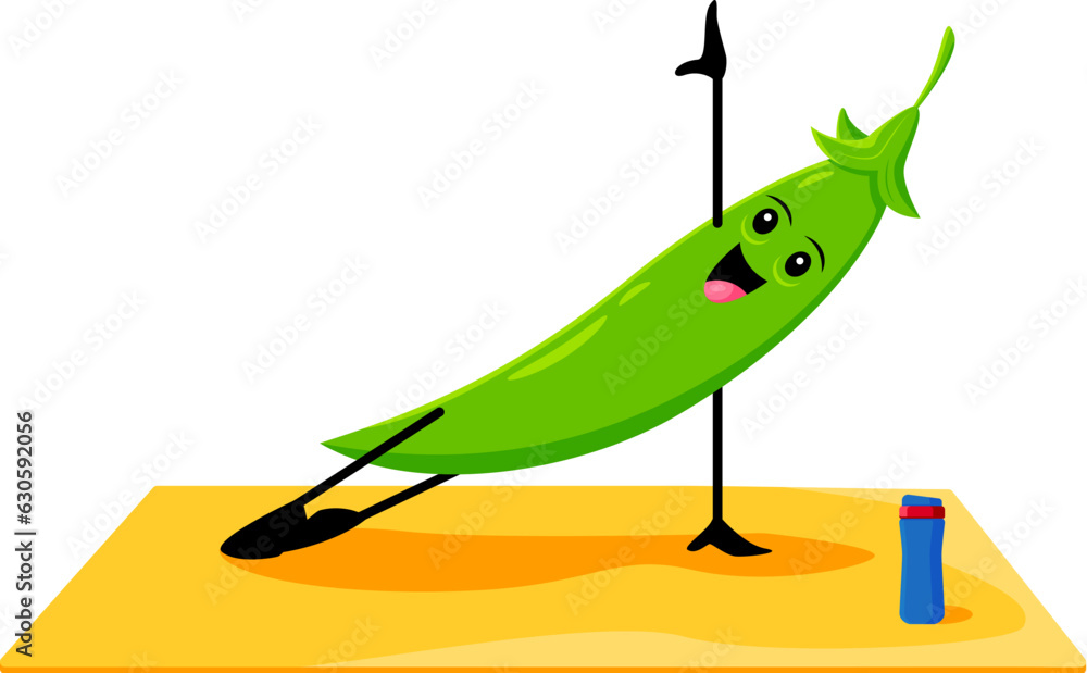 Cartoon green peas vegetable character on yoga fitness sport standing ...