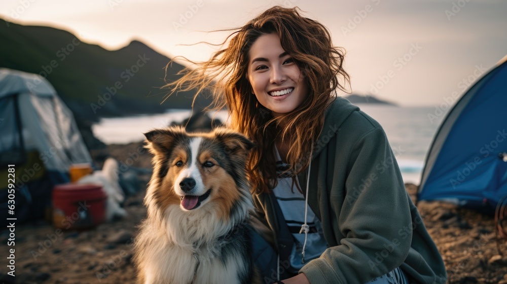 teenage asian woman with smilling .she's travelling with sheepdog, Van ...