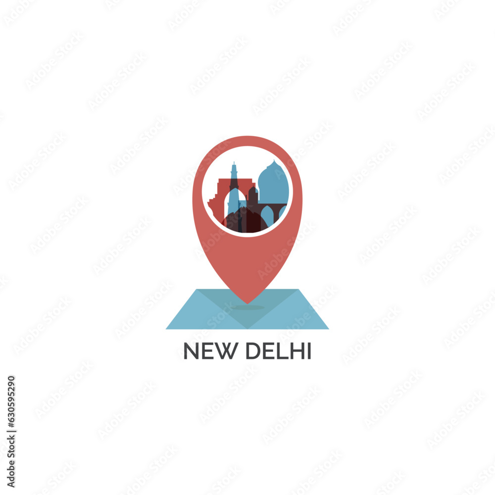 New Delhi India map pin point geolocation modern skyline shape pointer ...