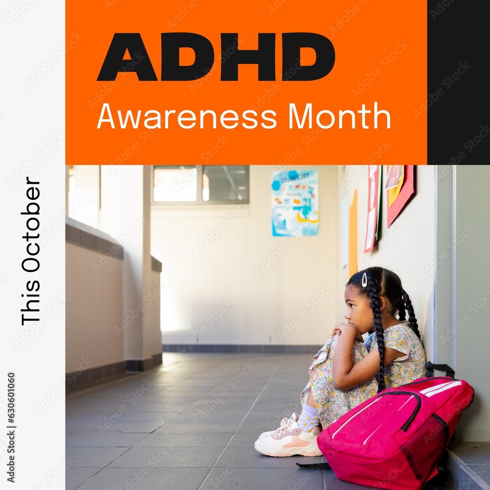 Adhd awareness month text on orange with sad biracial girl sitting in ...