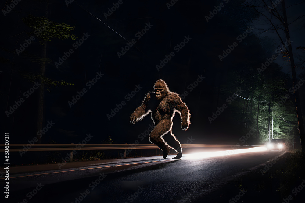 bigfoot running along interstate forest road at night in light of car ...