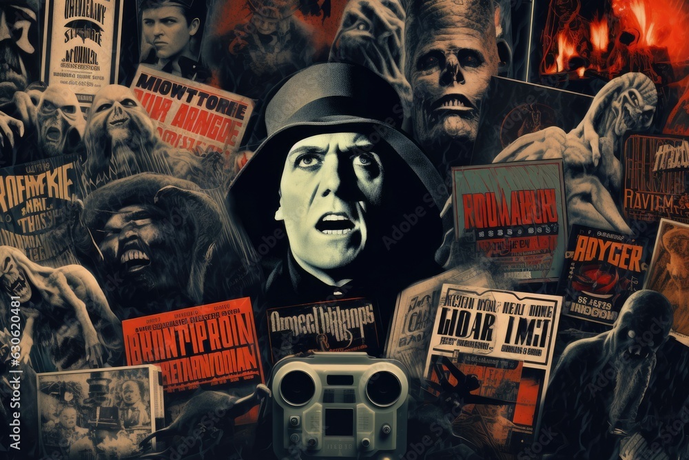 Classic horror movie faces and covers, with viewers enjoying spooky ...