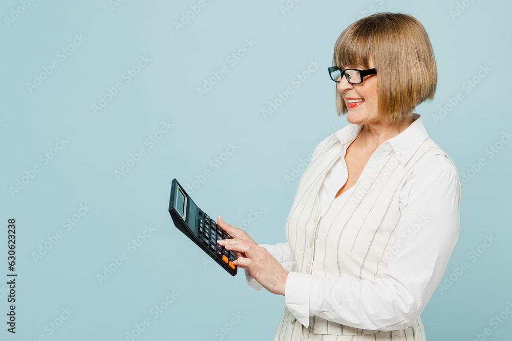 Side view blonde successful employee business woman 50s wearing white ...