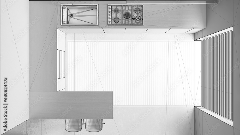 Blueprint unfinished project draft, modern wooden kitchen. Island with ...