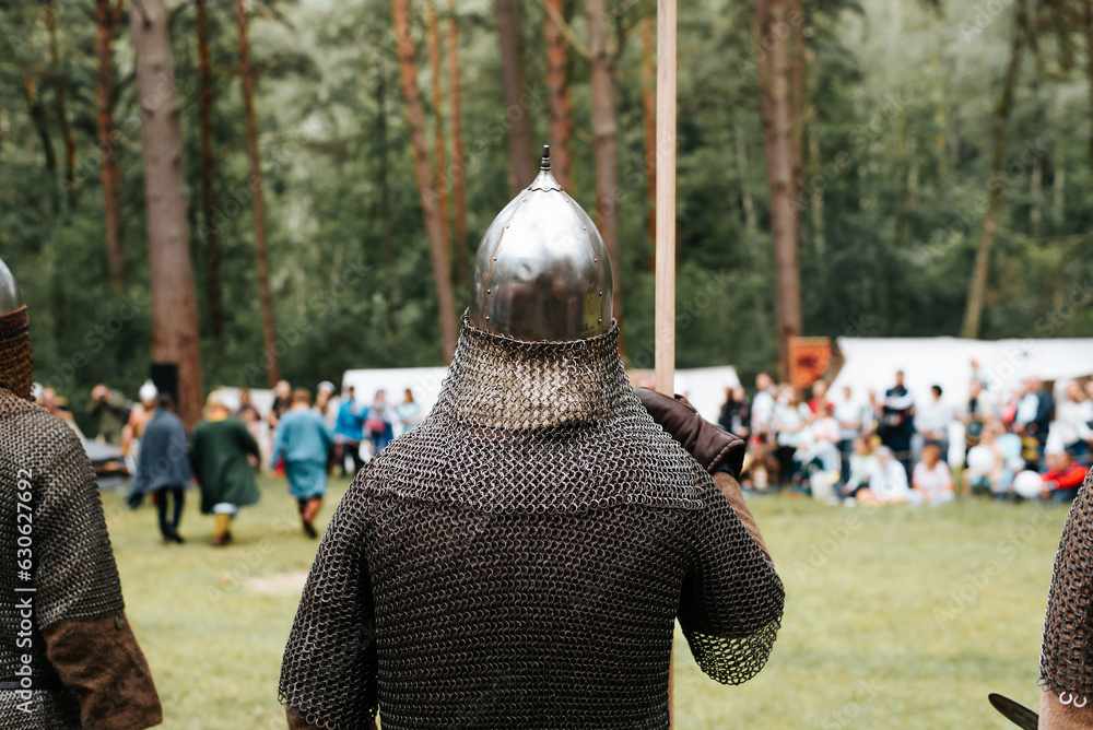 Poster Medieval festival of chivalry and fighting in open air, back ...