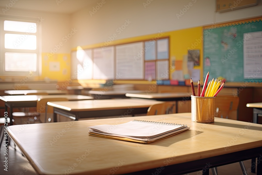 School class room without students, no kid or teacher with chairs and ...