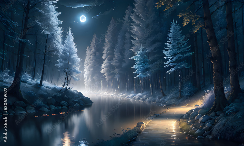 river running, blueish moonlight, dark forest with a full moon in the background, concept art ...