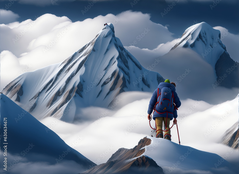 person in the mountains, The image shows a climber ascending the icy ...