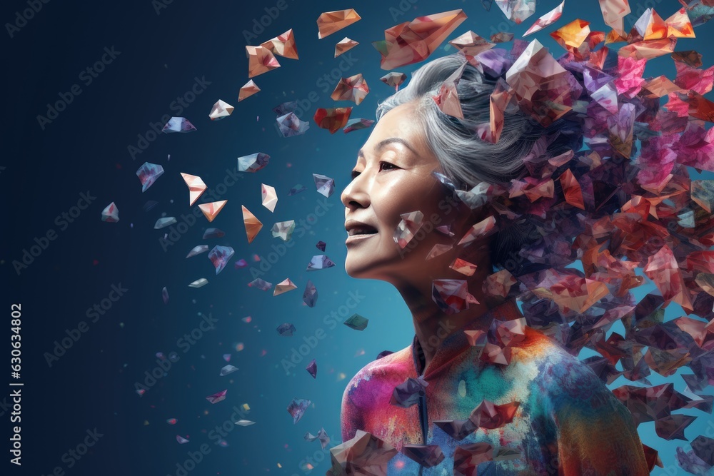 Asian woman patient with alzheimers disease, exploding head, memory ...