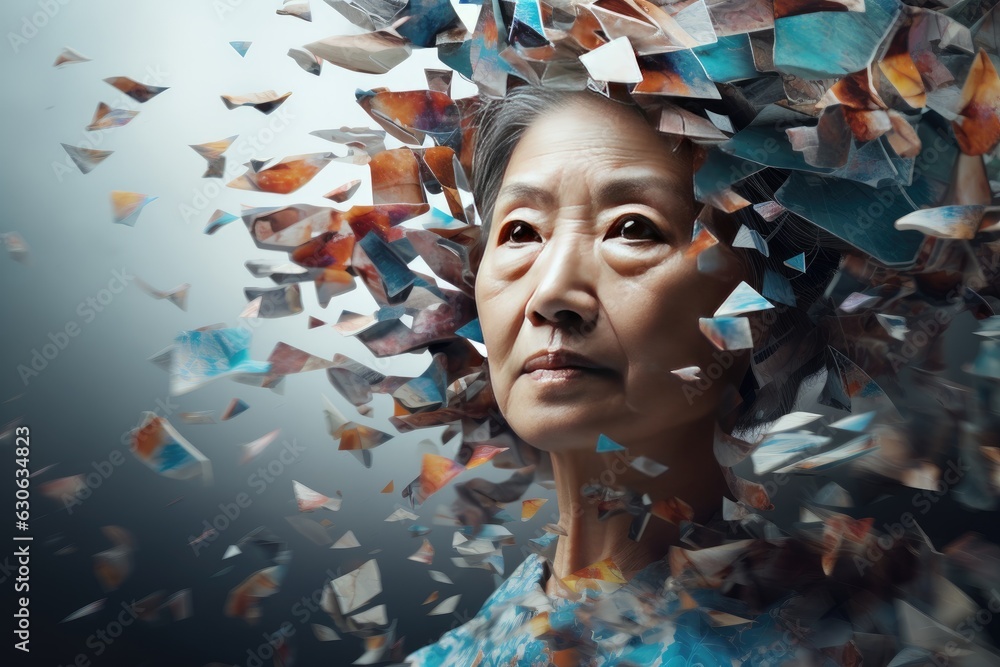 Asian woman patient with alzheimers disease, exploding head, memory ...