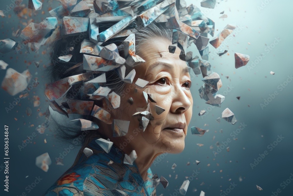 Asian woman patient with alzheimers disease, exploding head, memory ...