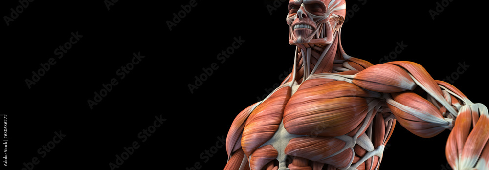 Anatomical structure of muscular system of human body, dark background ...