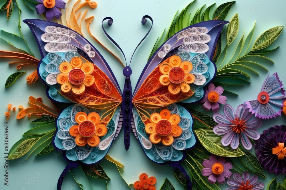 Multi colored butterfly in the technique of quilling. Papercraft, hobby ...