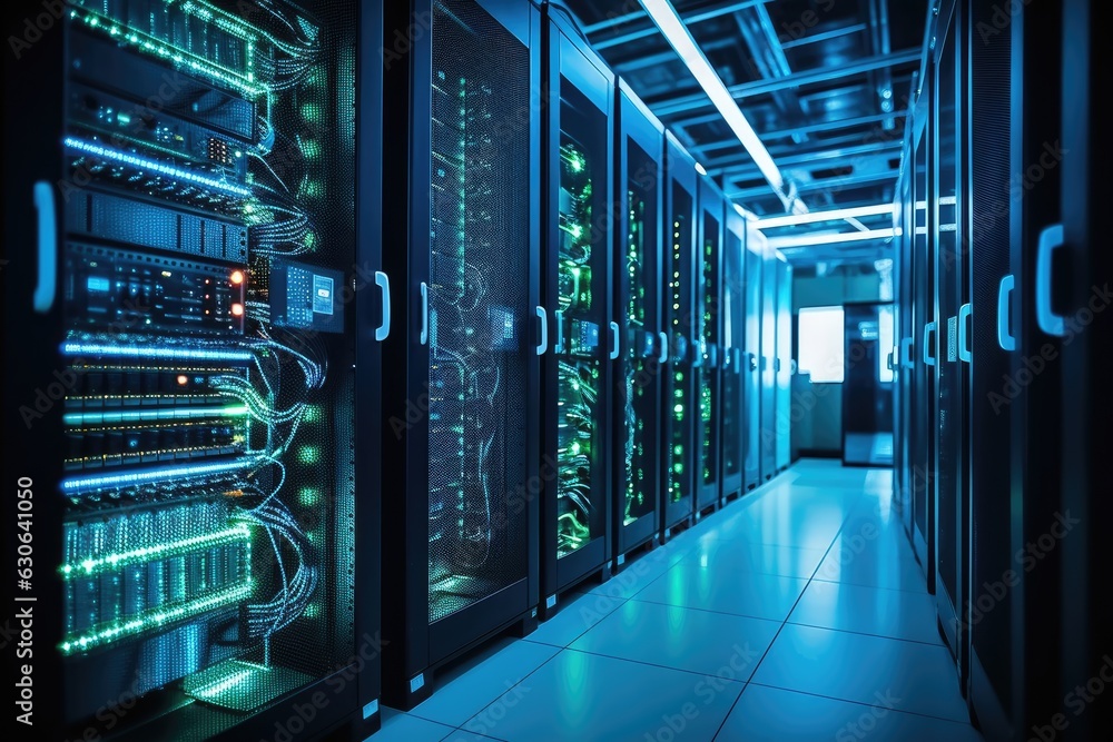 Data center room, Network panel, switch and cable in data center ...