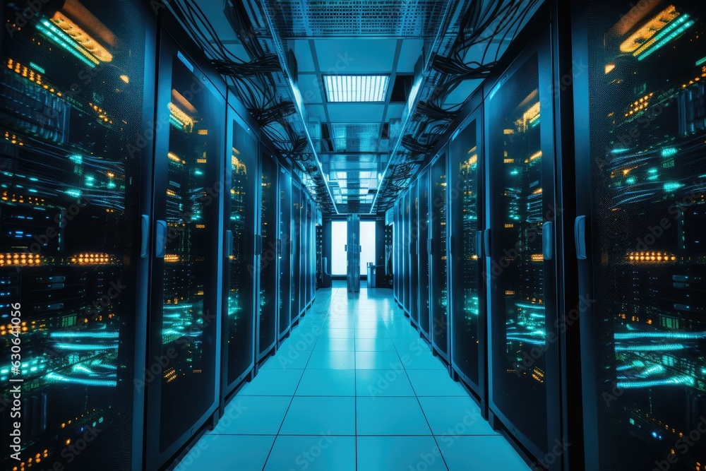 Data center room, Network panel, switch and cable in data center ...