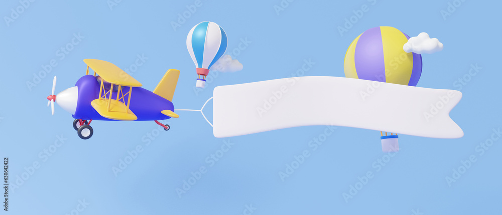 3D cartoon propeller airplane fly advertising banner worldwide boarding ...