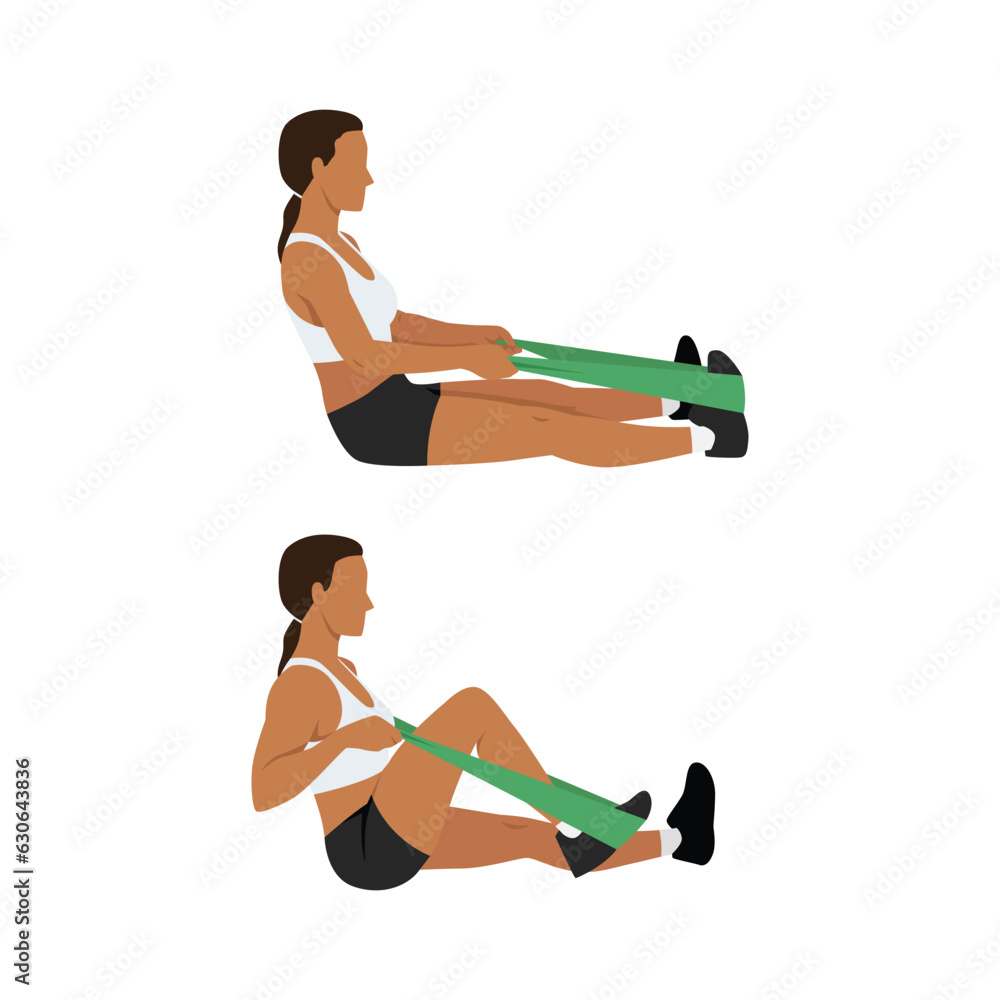 Woman doing seated resistance knee flexion exercise. Flat vector ...