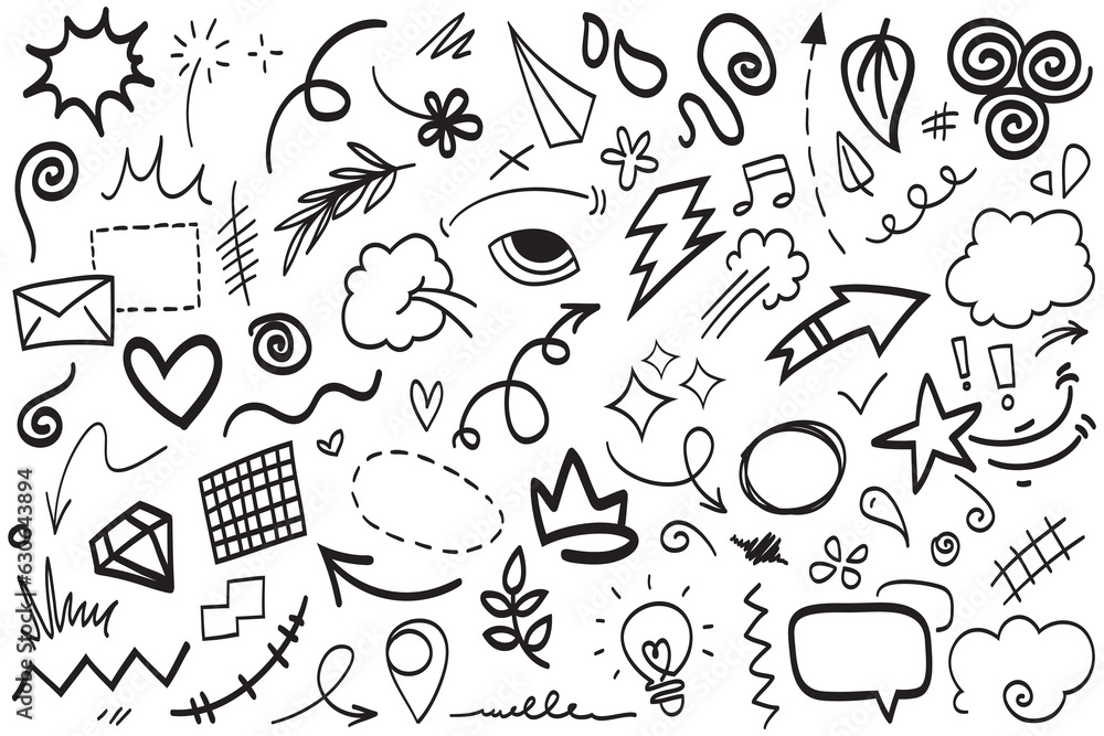 Vector set of hand-drawn cartoony expression sign doodle, curve ...
