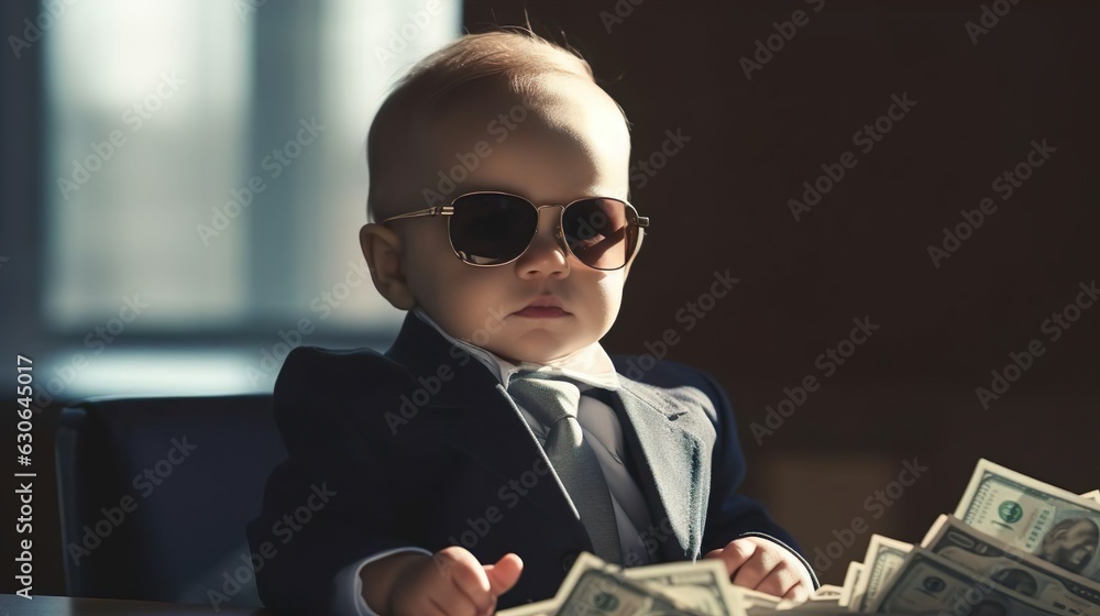 Little serious rich businessman kid boy wearing business suit and ...