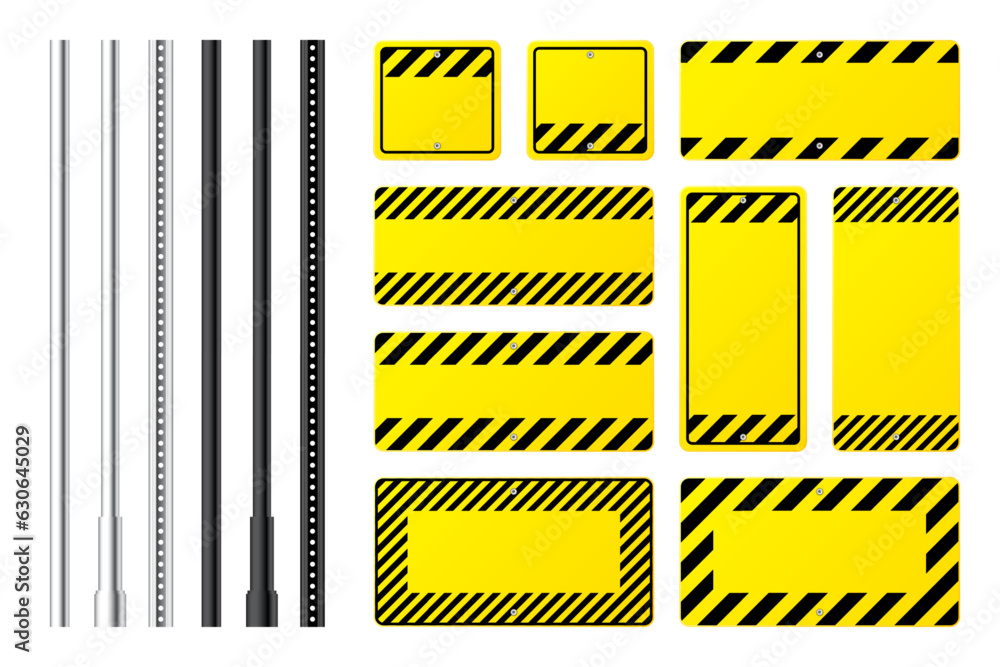 Warning, danger signs, attention banners with metal poles. Blank yellow ...