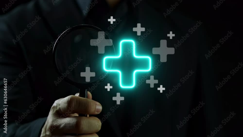 Magnifying glass focus on plus icons for positive thinking such as self ...