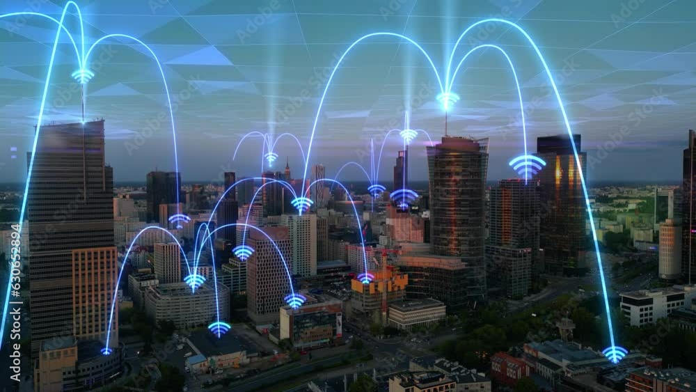 Concept of communication in a smart city, aerial view of the growing 5G ...