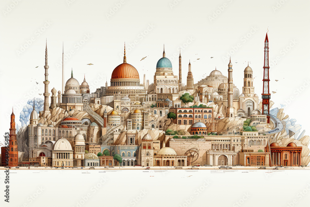 iconic landmarks of a city, such as famous buildings, monuments, or ...