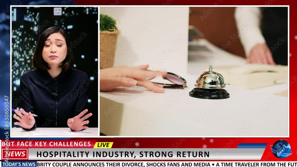 Asian news anchor presents new events in studio, talking about ...