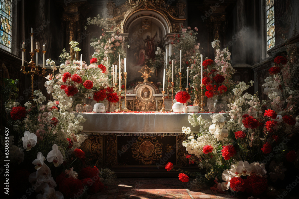 church altar during a religious ceremony, such as a wedding or a Mass ...