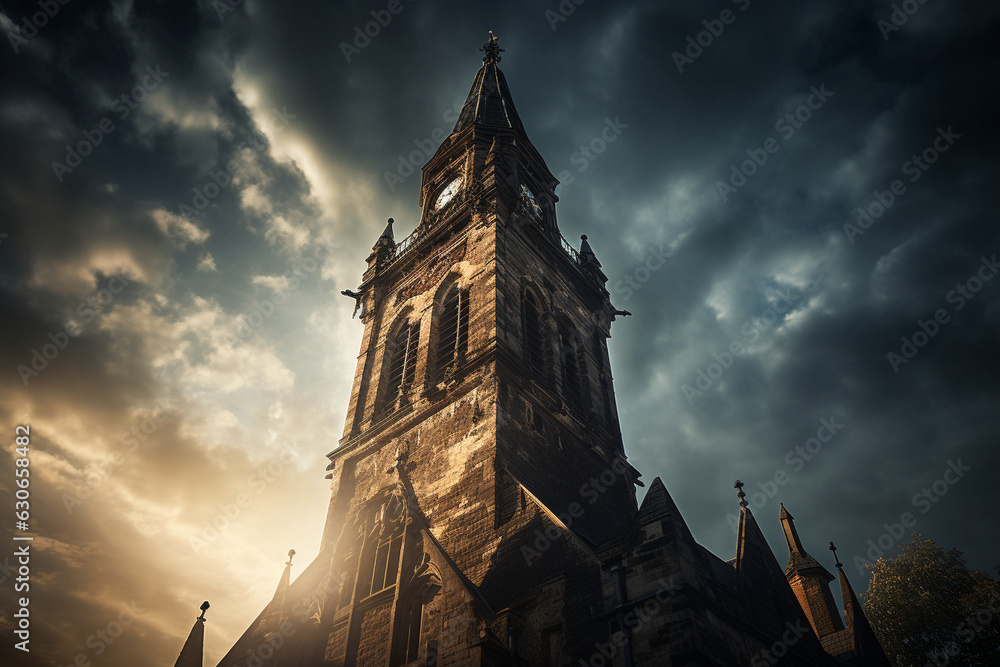 imposing photo of a church bell tower standing tall, commanding ...
