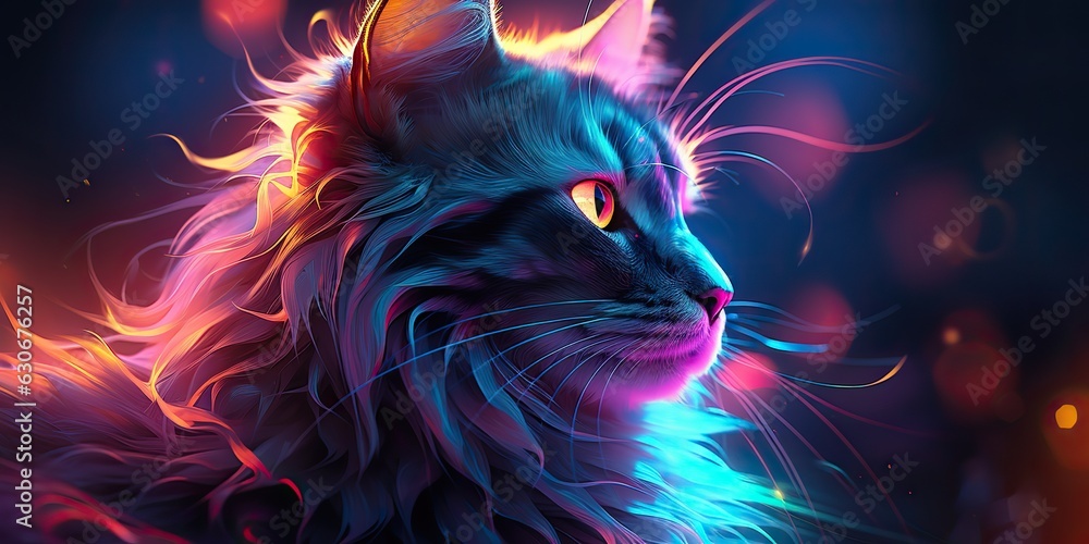 AI Generated. AI Generative. Cat sitting close to neon glowing light ...