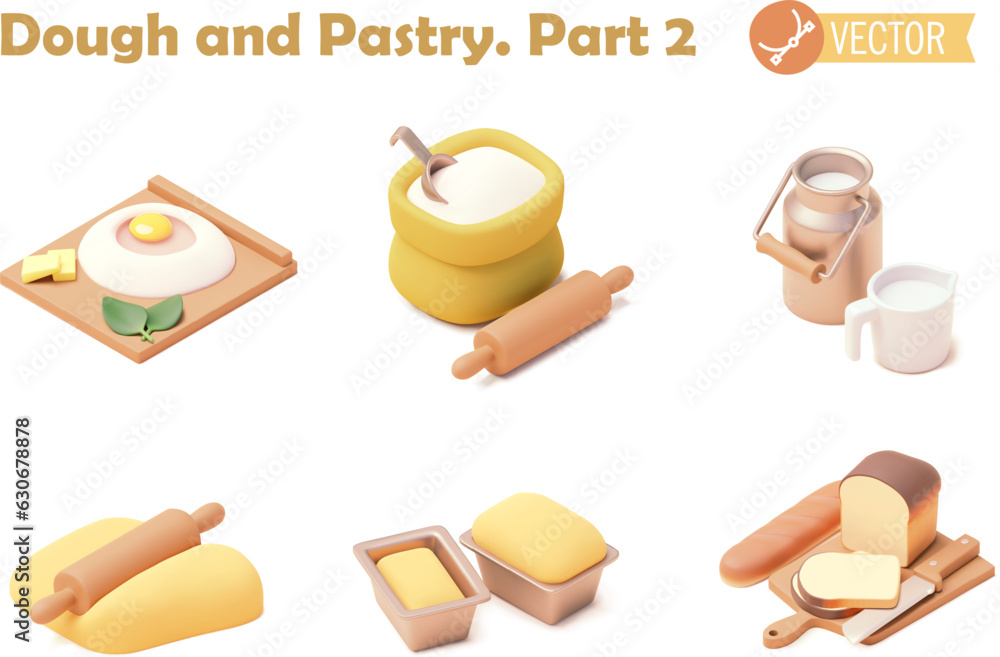 Vector isometric bakery icon set. Kneading dough, baking bread and ...