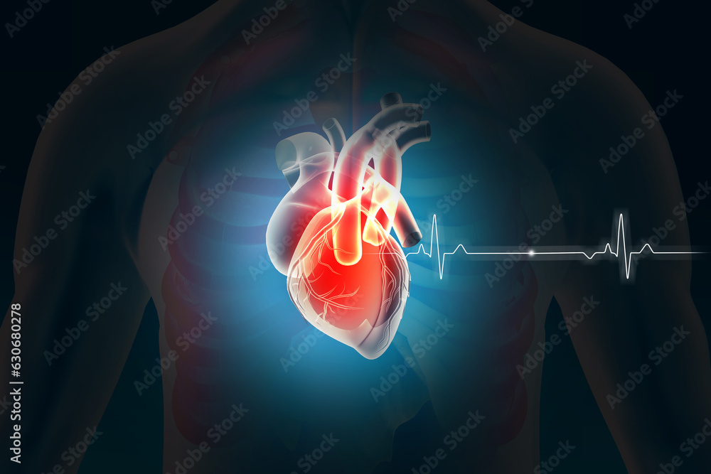 Heart. Cardio puls line. Heart attack or heart disease. 3d illustration ...