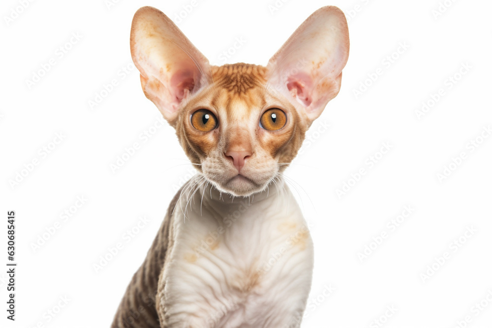 Portrait of Cornish Rex cat, a hairless breed with only down hair, on ...
